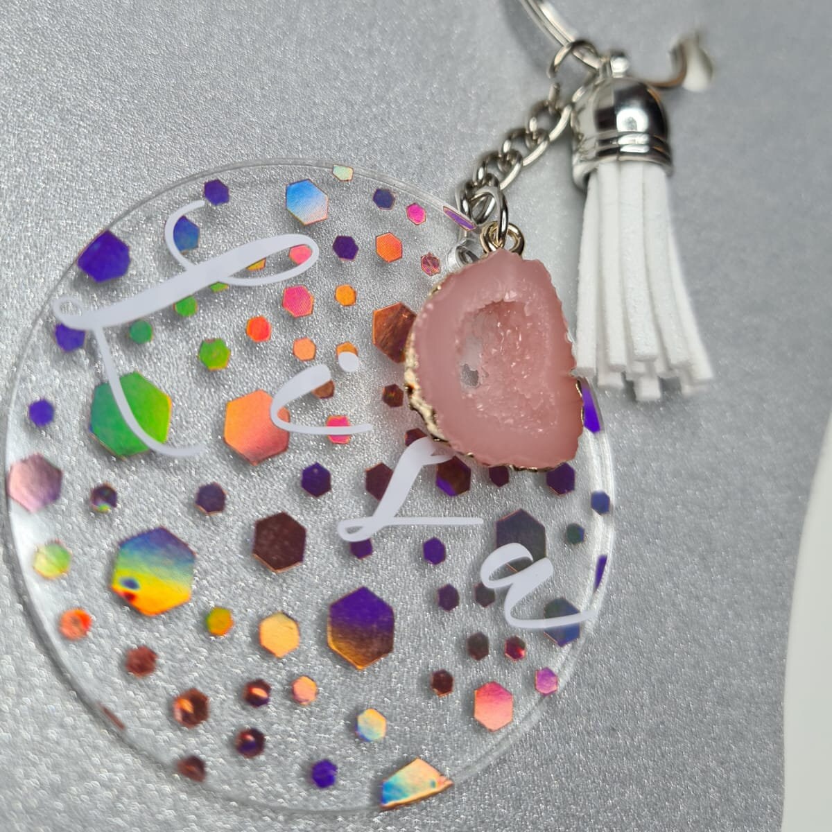 Personalised Acrylic Keyring Keychain with Name Tassle and Resin Quartz ...