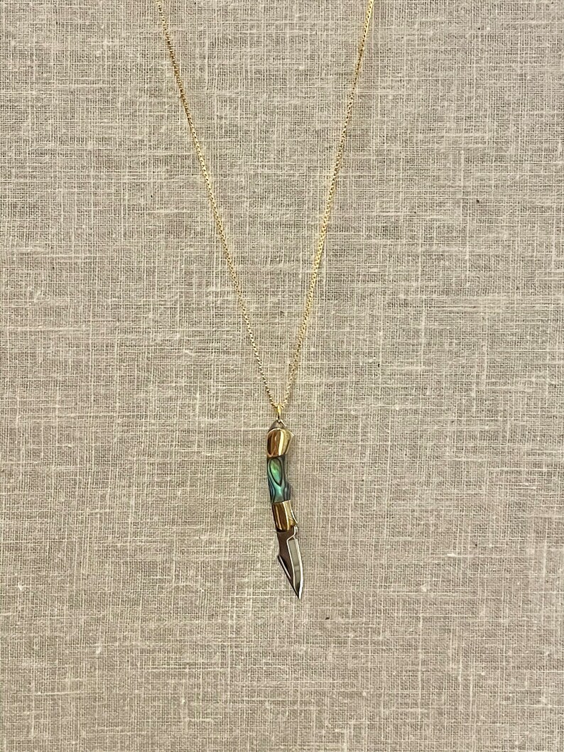 Mini Knife Switchblade Necklace With Pearl Accents 18K Gold Chain 16 ...