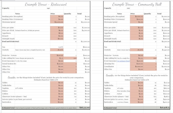 Wedding Venue Comparison Sheet Wedding Venue Comparison Spreadsheet