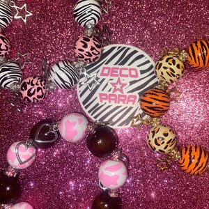 Gyaru Animal Print Beaded Rhinestone and Stars Bracelet Pink Leopard ...