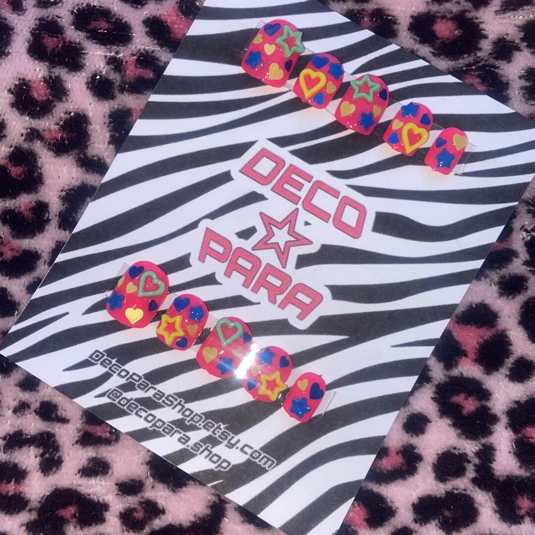 Press on Gyaru Fake Nails Amekaji / Haaady Inspired Bright Neon Colors ...