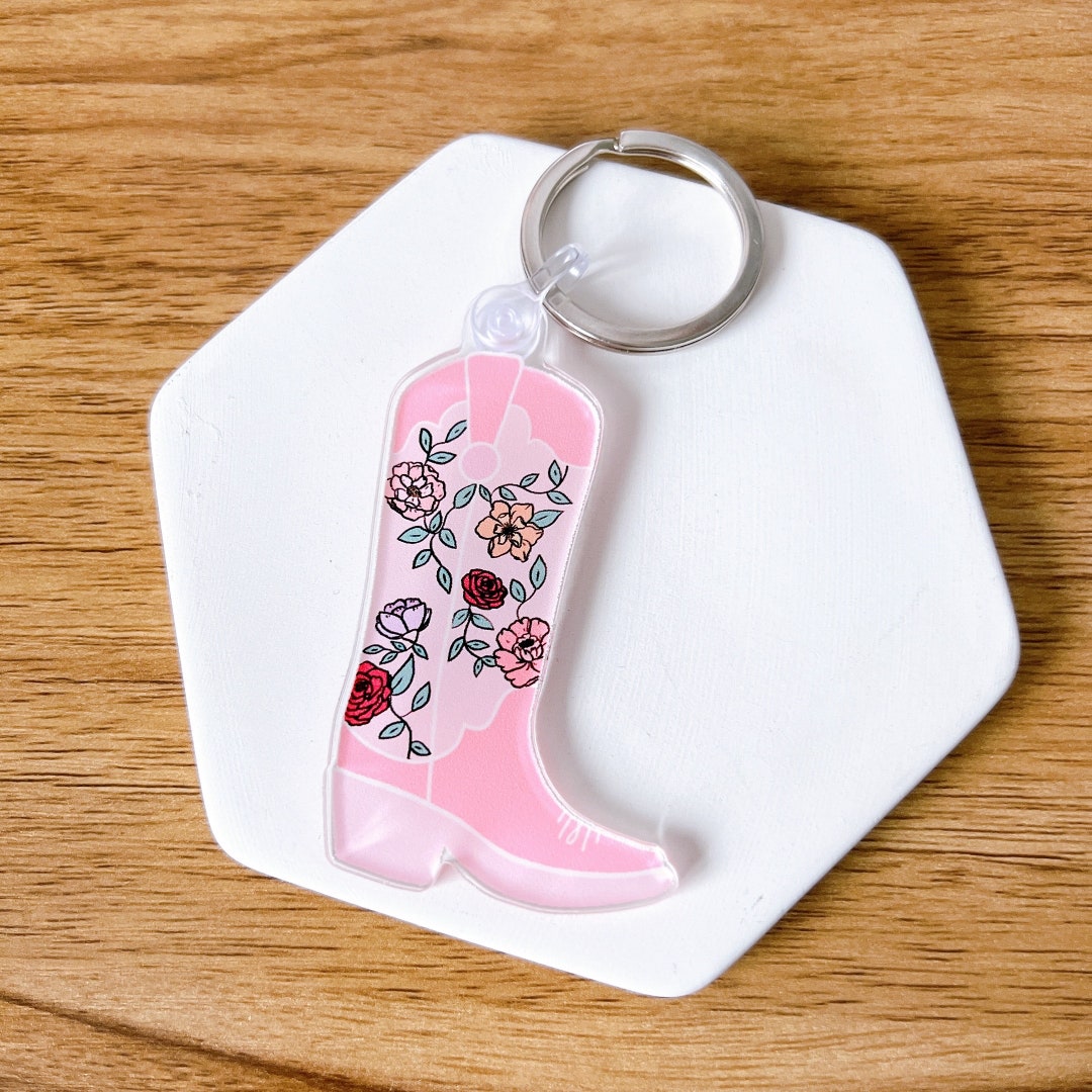 Wildflower Cowgirl Boot Keychain Pink Cowgirl Boot Keychains With ...