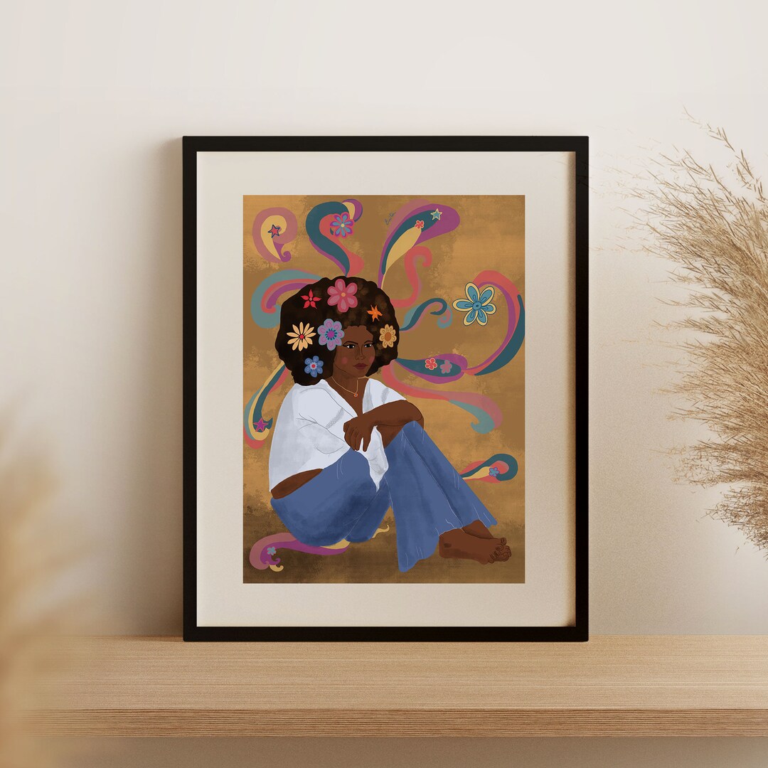 Black Afro Print, 70s Posters, Groovy Afro Woman, Flower Power ...