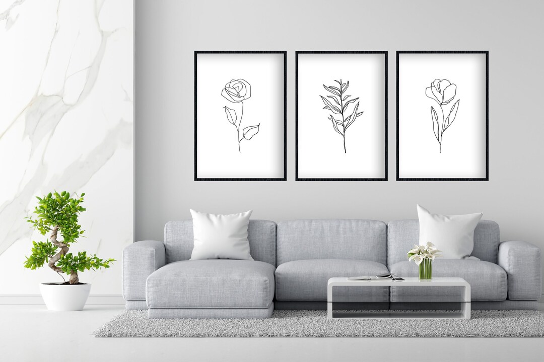 Black and White Flower Line Art Set of 6 Prints, Flower Leaves Wall Art ...