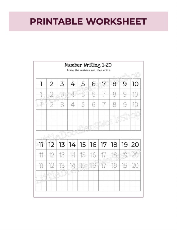 1-20 Number Writing Worksheet Digital Download Preschool & | Etsy