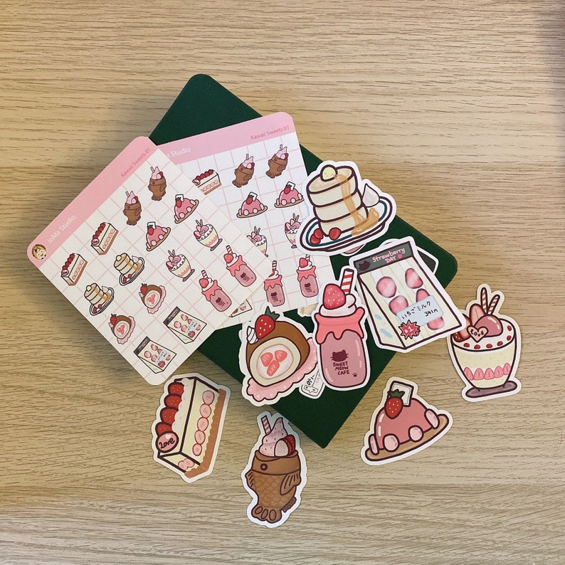 Cute Pink Kawaii Sweets Sticker Sheet Adorable Strawberry - Etsy