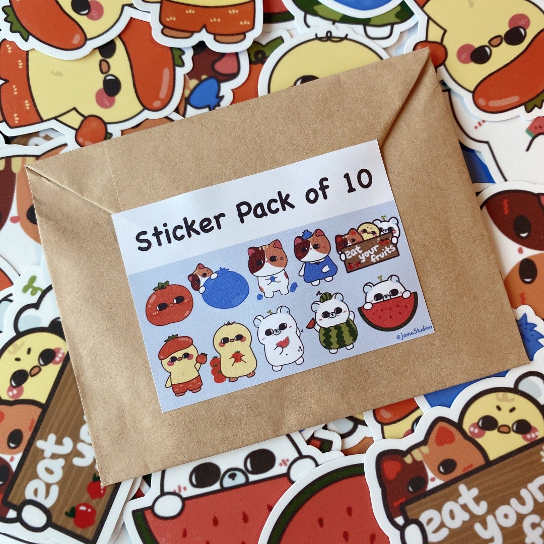 Kawaii Mochi and Friends eat Your Fruits Sticker Pack 10-piece Sticker ...
