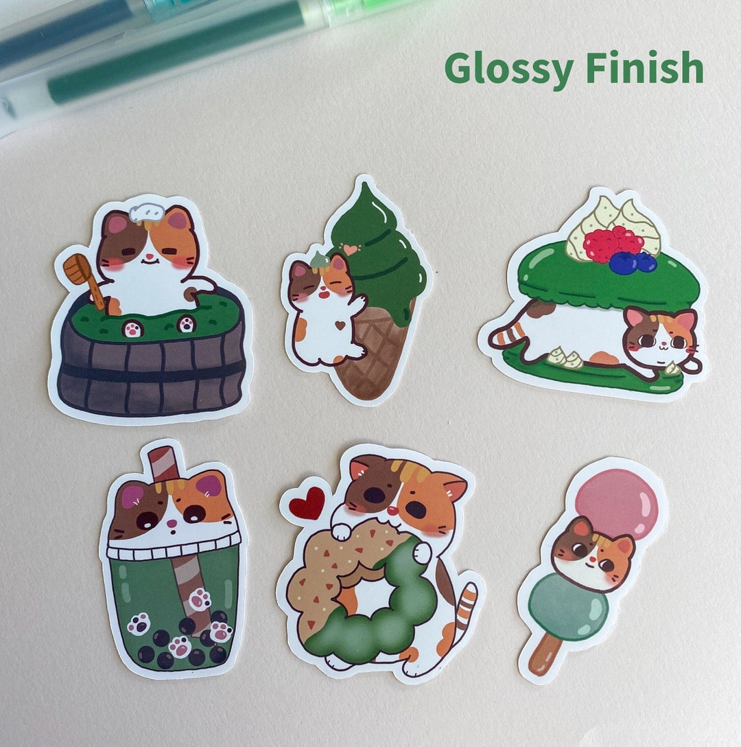 Kawaii Matcha Dessert Cat Sticker Set Cute Mochi Cat Green Tea Sweets ...