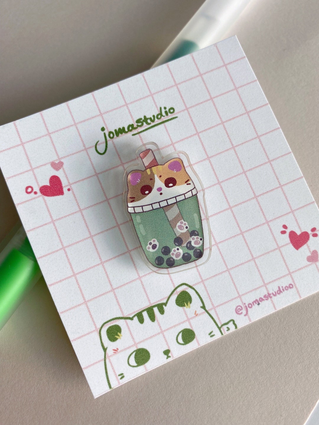 Mochi Cat Matcha Bubble Tea Acrylic Pin Kawaii and Cute Pin Green Tea ...
