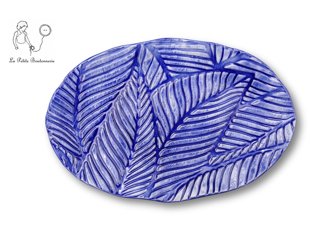 2 Serving Plates Small Blue Ceramic Dishes Leaf / Fern Pattern Handmade ...