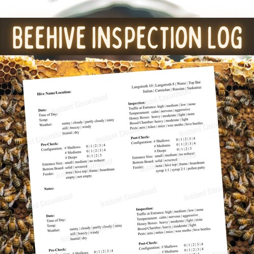 Beehive Inspection Log printable Digital Download - Etsy
