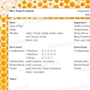 Beehive Inspection Log printable Digital Download - Etsy