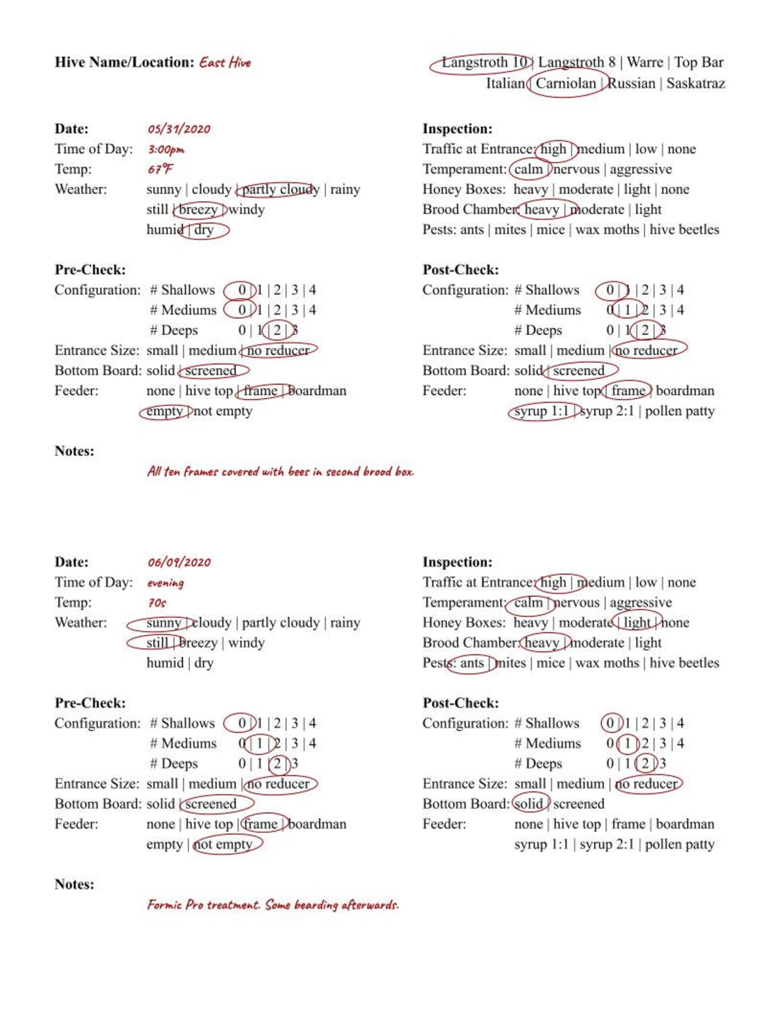 Beehive Inspection Log printable Digital Download - Etsy