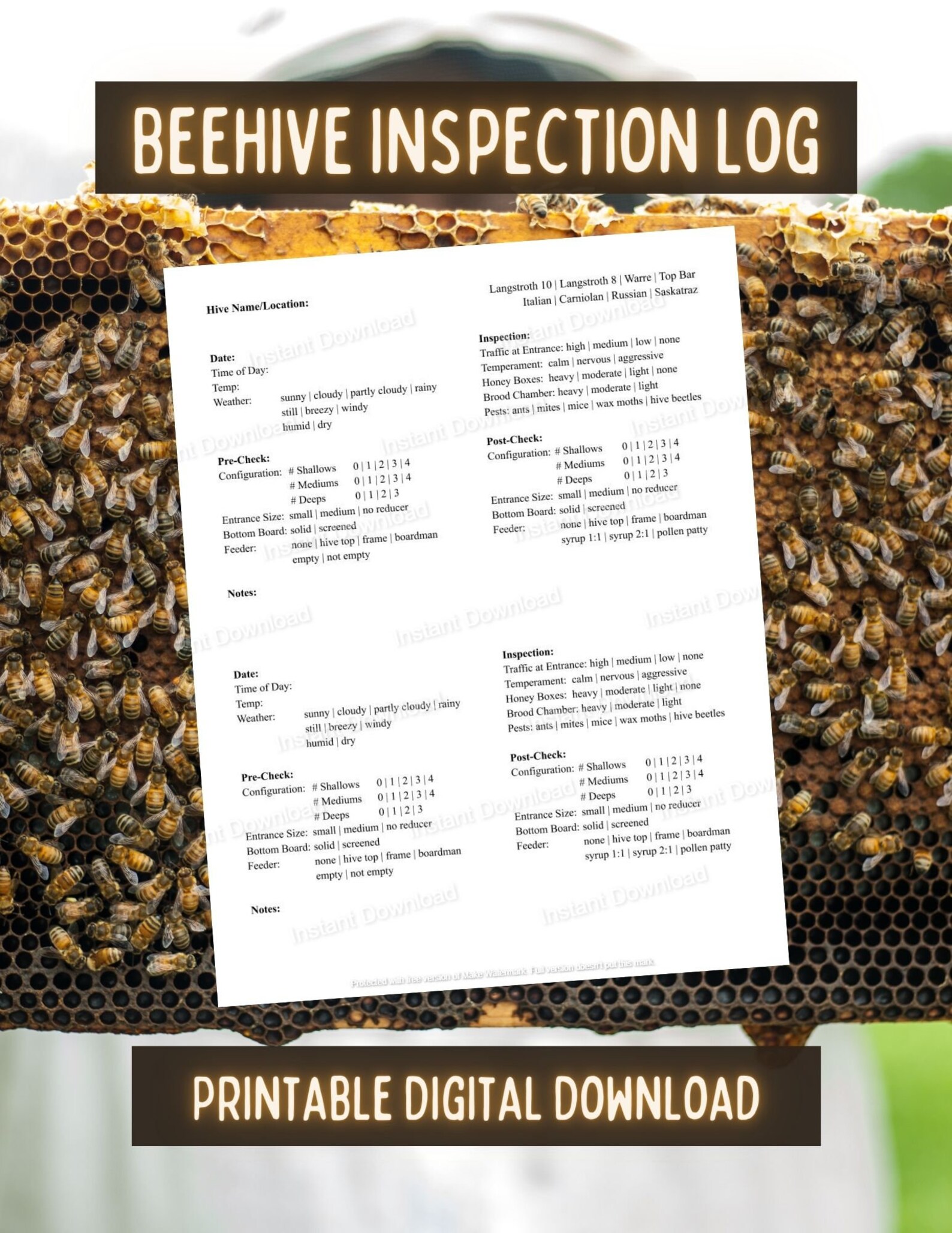 Beehive Inspection Log printable Digital Download - Etsy