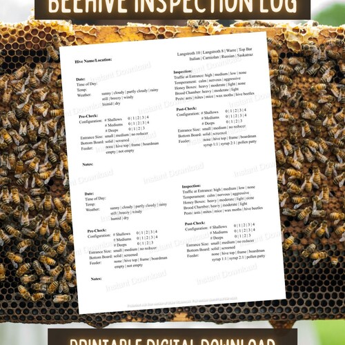 Beehive Inspection Log printable Digital Download - Etsy
