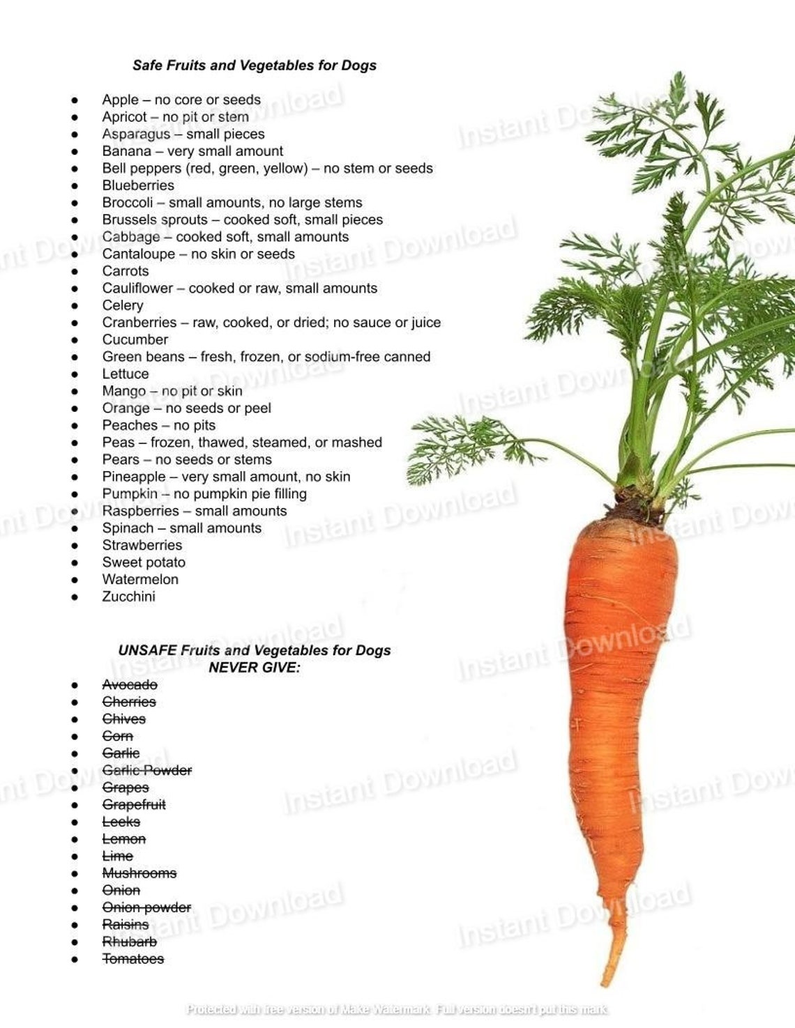 List of Safe Fruits and Vegetables for Dogs (printable Digital Download ...