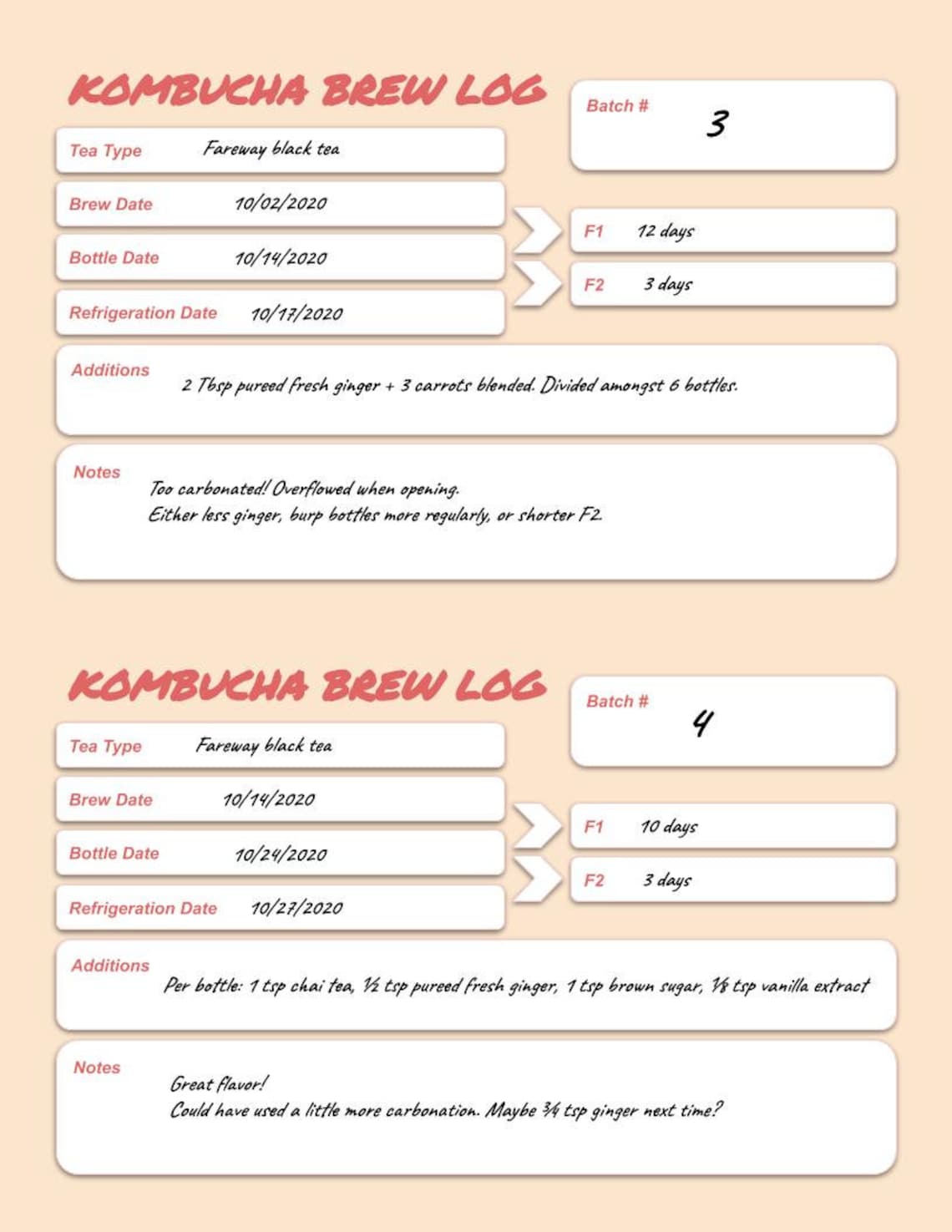 Kombucha Brew Log (printable Digital Download) - Etsy