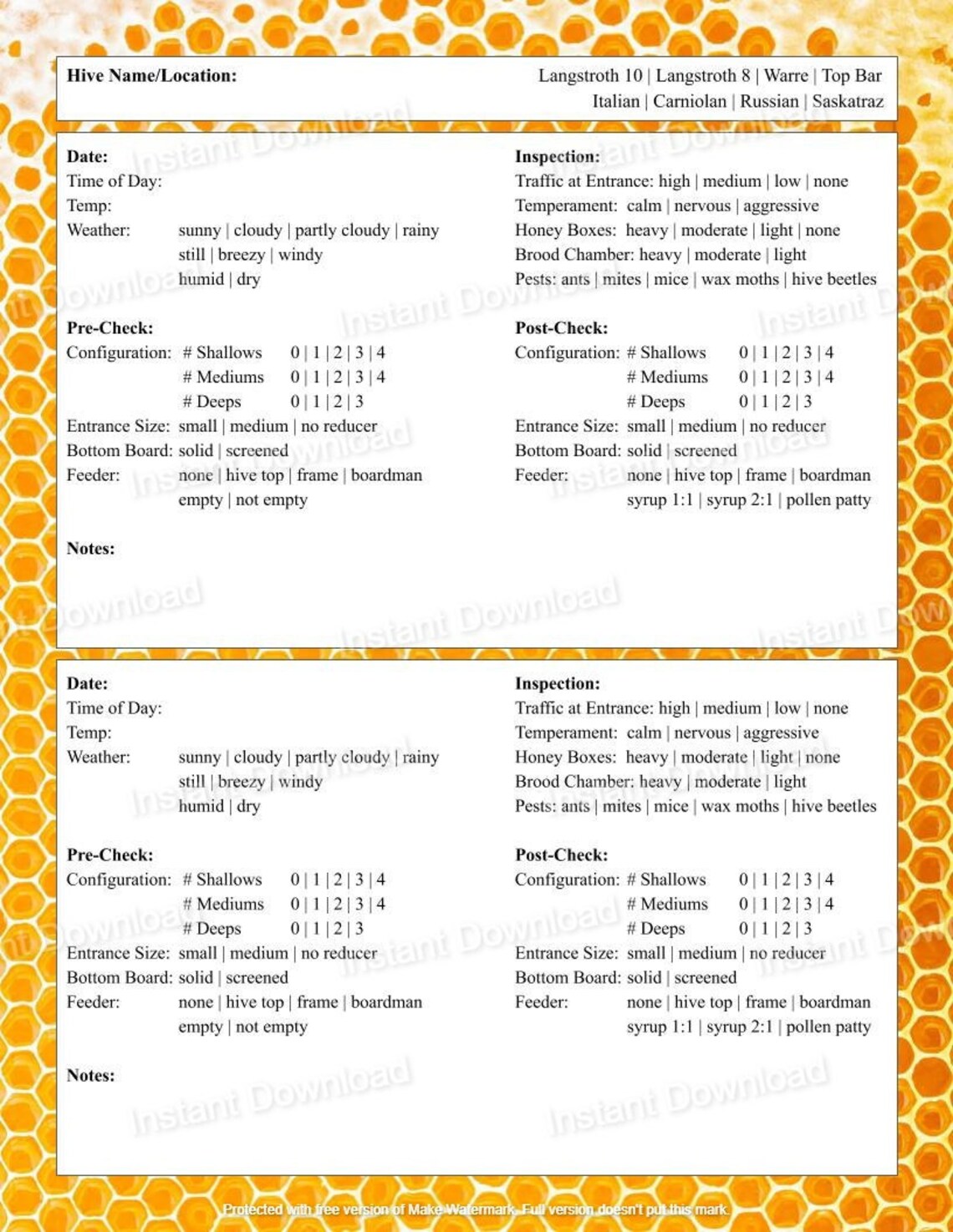 Beehive Inspection Log printable Digital Download - Etsy