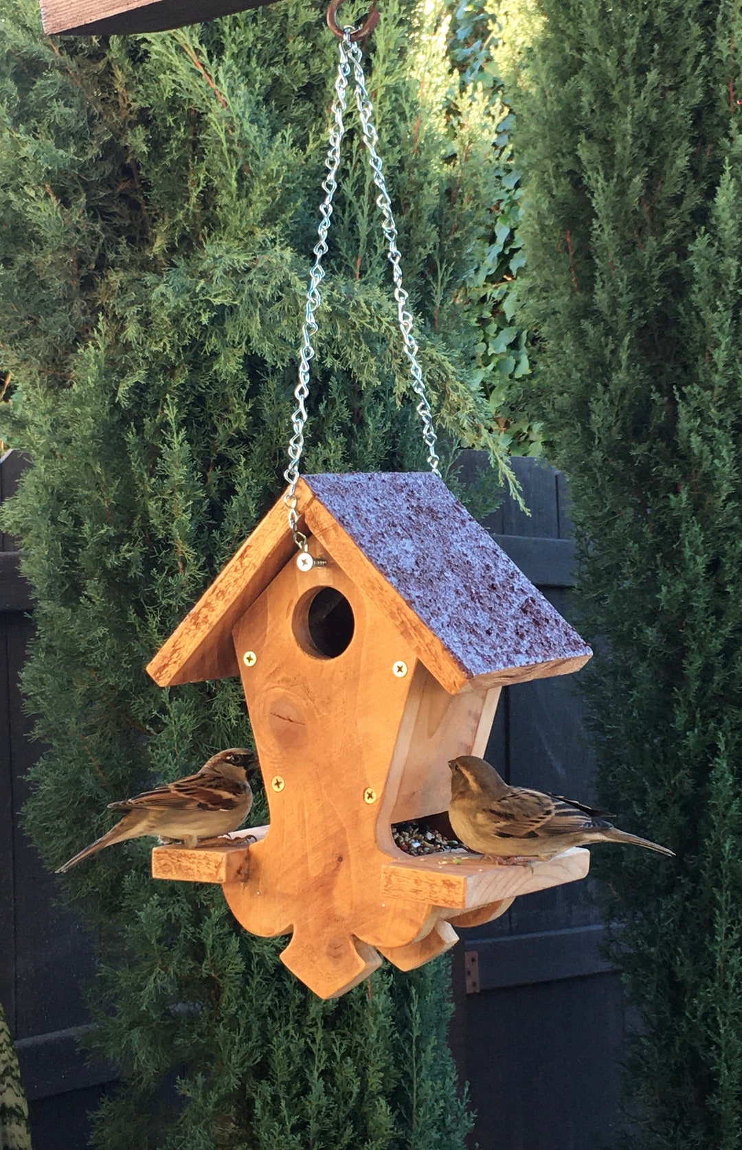 Hanging Wood Bird Feeder Bird House With Roof Hand Crafted Handmade ...