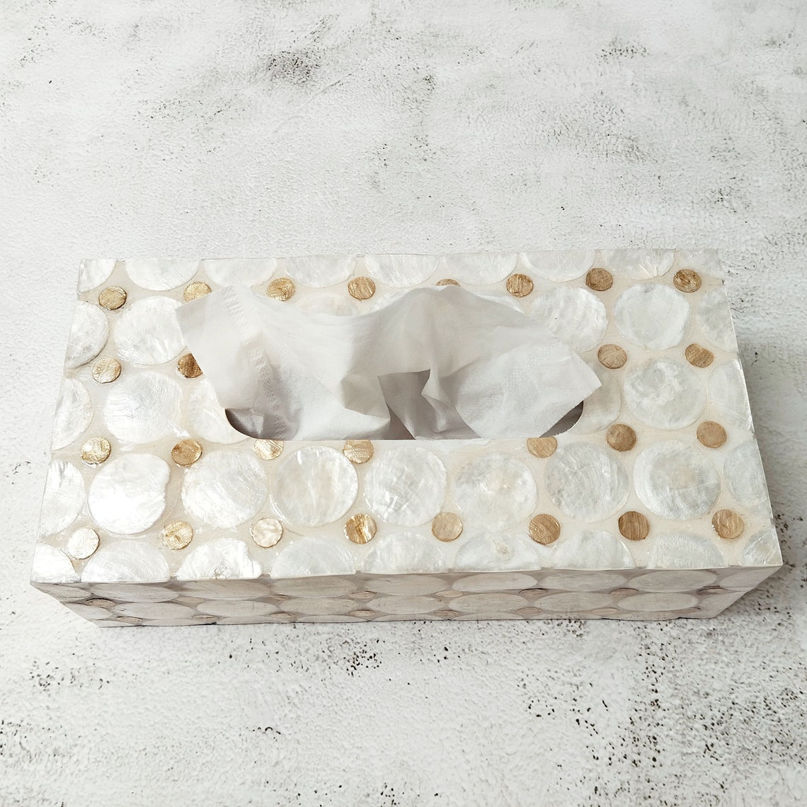 Silver/ White Rectangular Tissue Box Cover, Sea Shell Tissue Holder ...