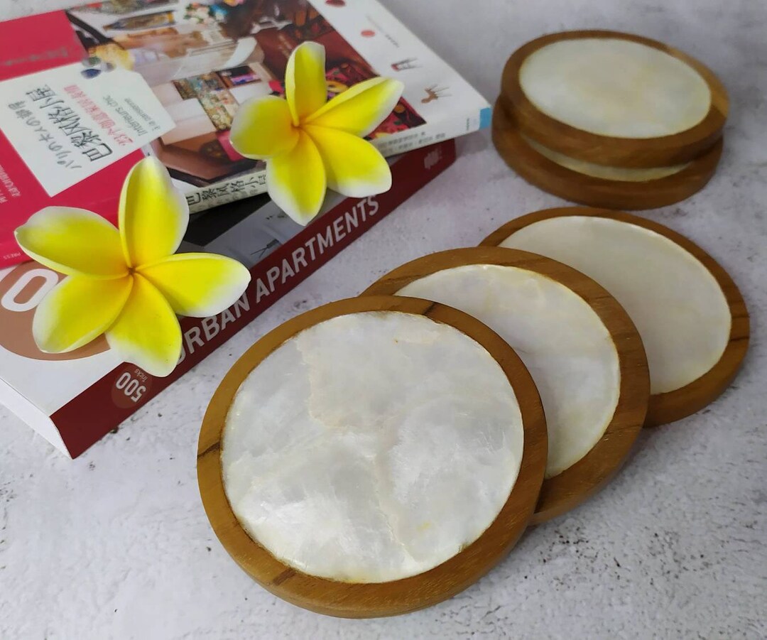 Classic Capiz Coaster Set, Boho Capiz Shell Coaster Set, Classic White ...