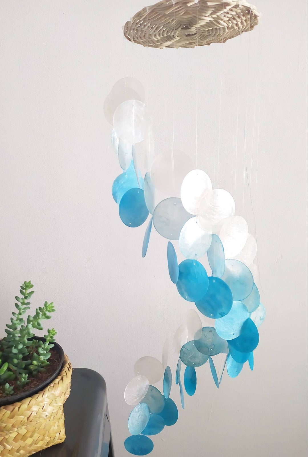 Spiral Blue Capiz Shell Wind Chimes, Capiz Shell Mobile, Ocean Shell ...