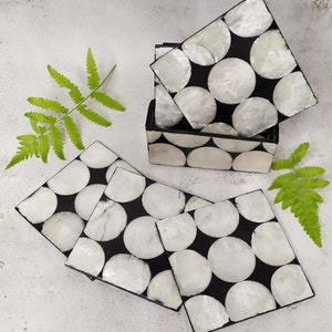 Set of 6 Capiz Sea Shell Coaster+box With Anti-slip Mat, Batik Pattern ...