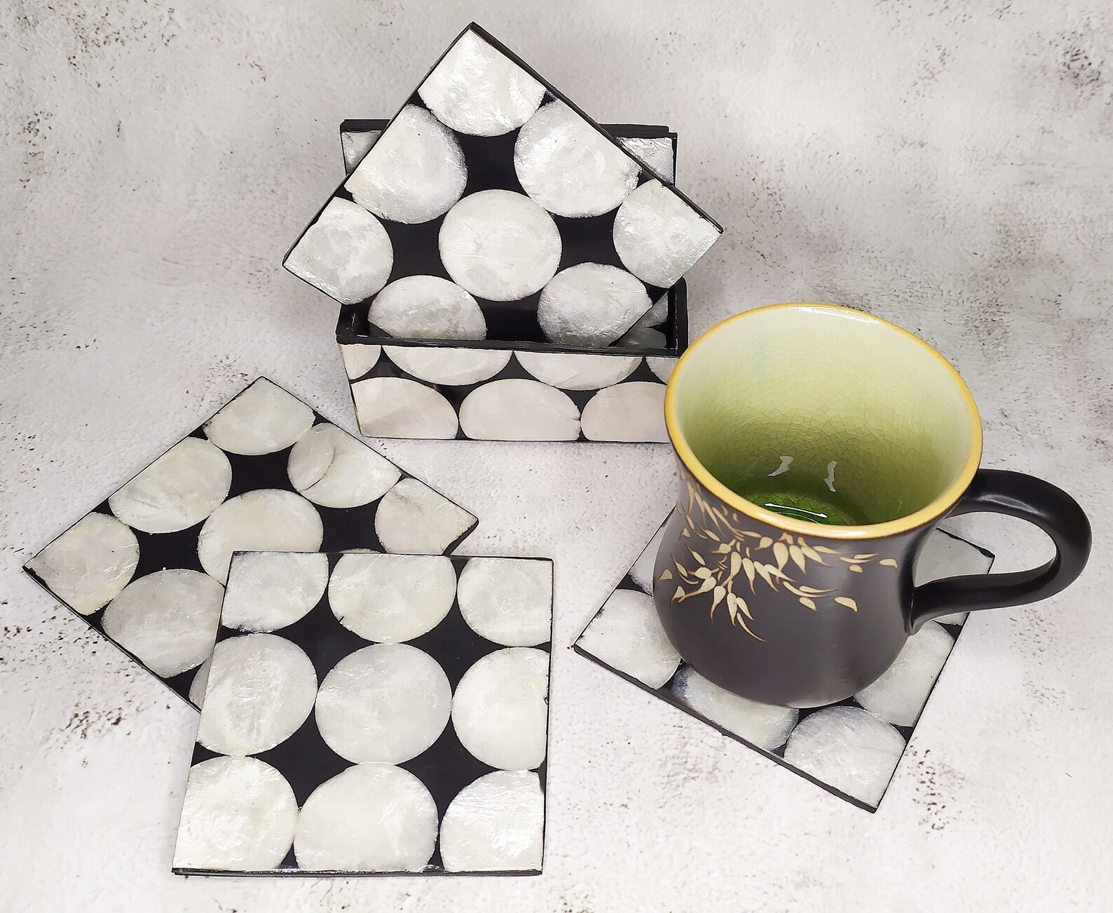 Set of 6 Capiz Sea Shell Coaster+box With Anti-slip Mat, Batik Pattern ...