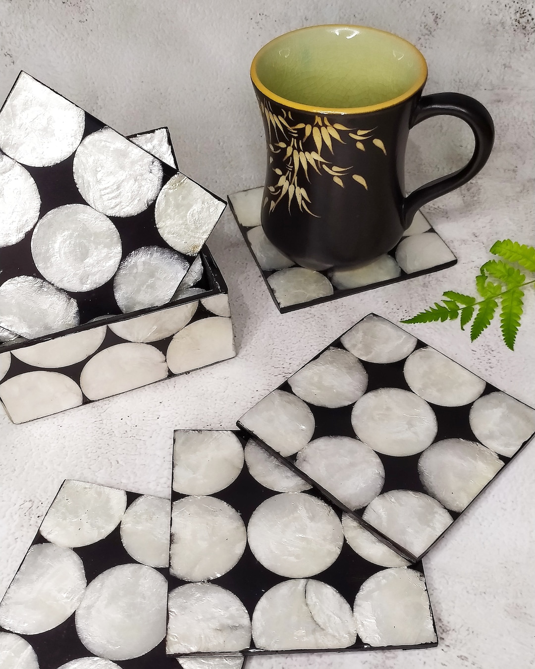 Set of 6 Capiz Sea Shell Coaster+box With Anti-slip Mat, Batik Pattern ...