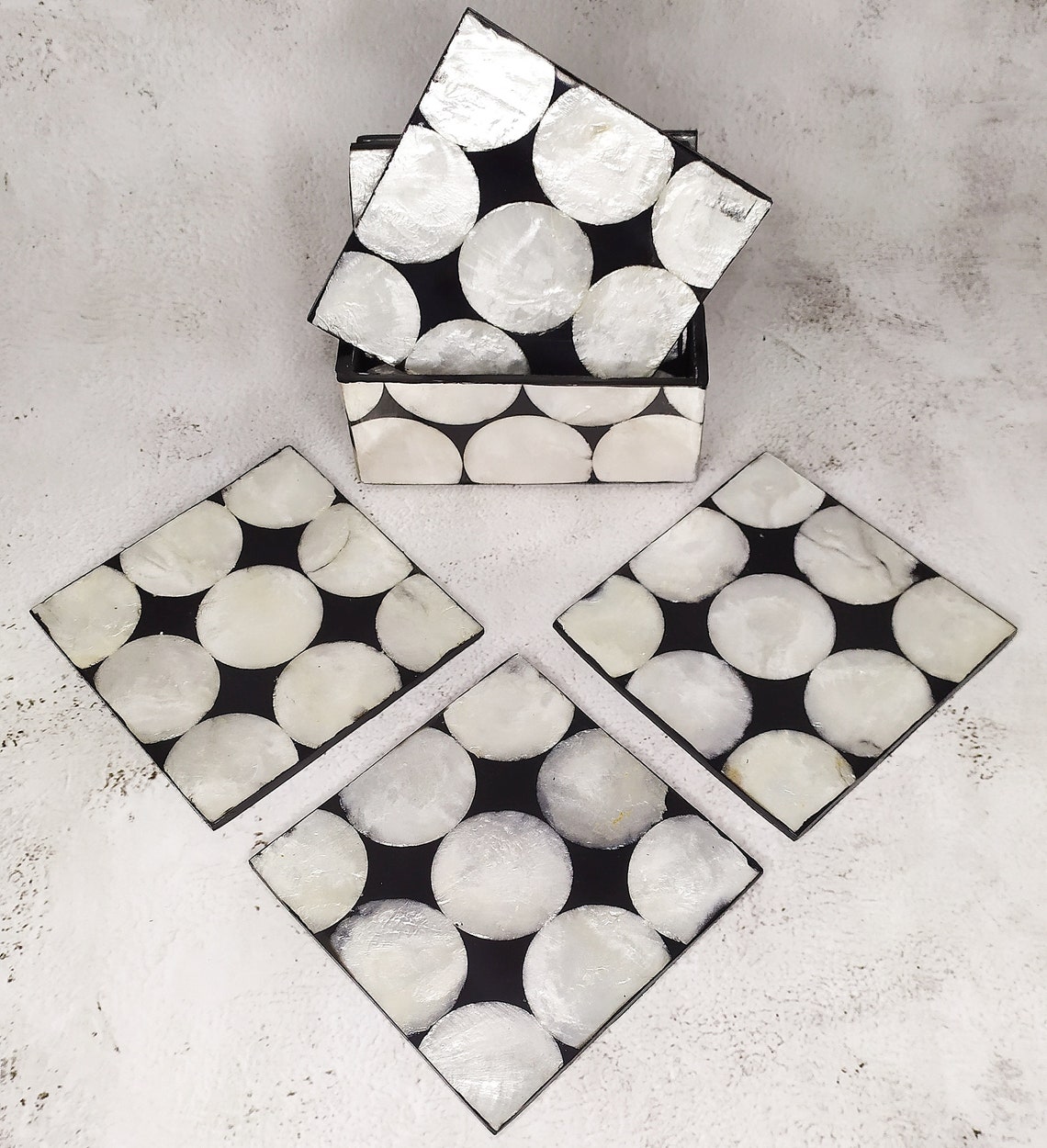 Set of 6 Capiz Sea Shell Coaster+box With Anti-slip Mat, Batik Pattern ...