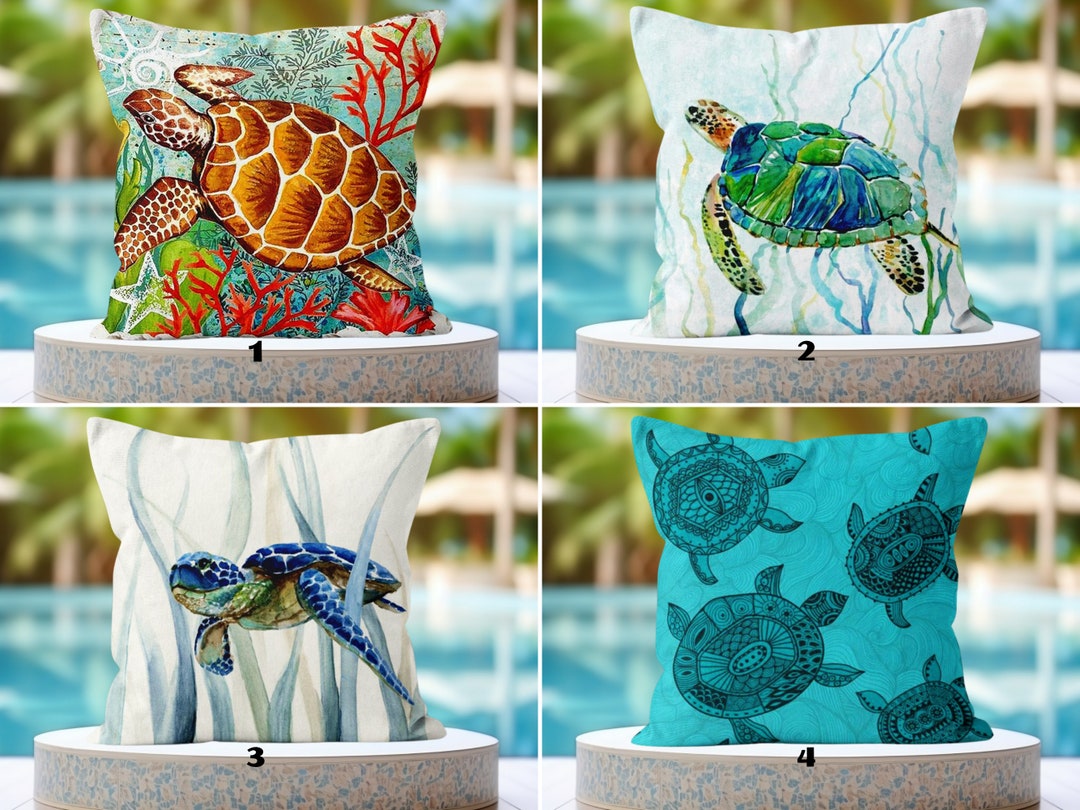 WATERPROOF Sea Turtle Cushion Covers, Comfy Patio Beachy Pillow Cases ...