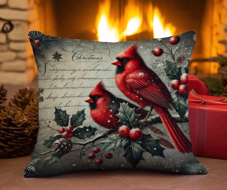 Cardinal Christmas Pillow Covers, Holiday Bird and Poinsettia Cushion ...