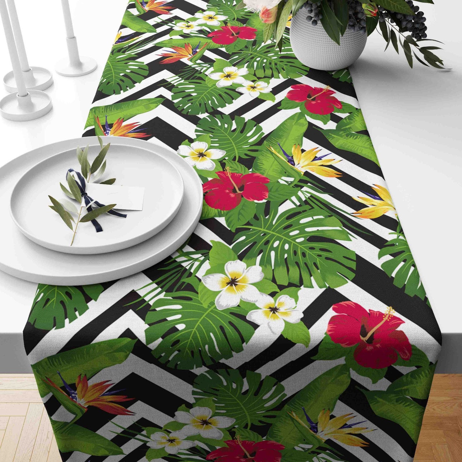 Monstera Leaves Table Runner, Palm Tree Leaves Table Runner, Bird of ...