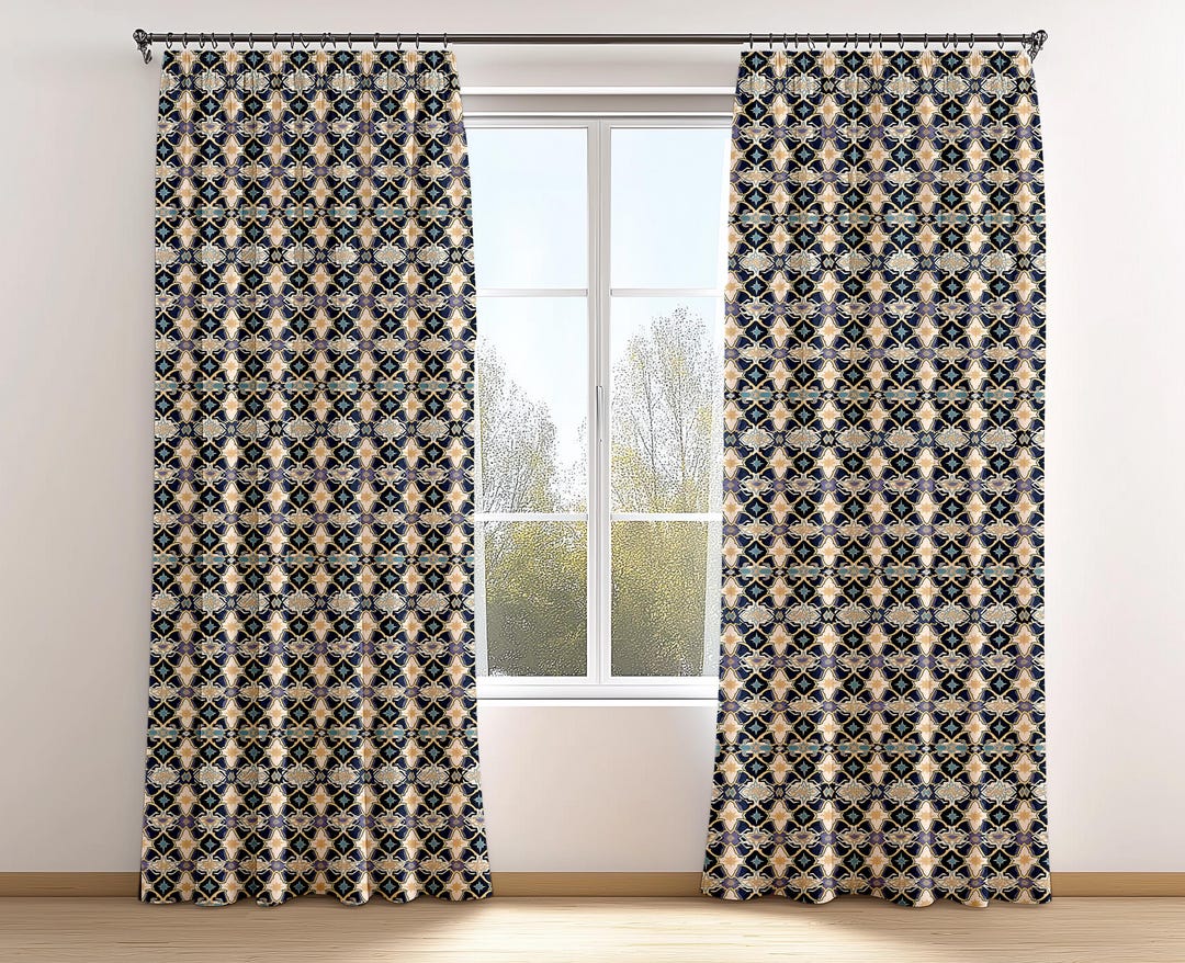 Vintage Mediterranean Style Curtains, Moroccan Tile Pattern Window ...