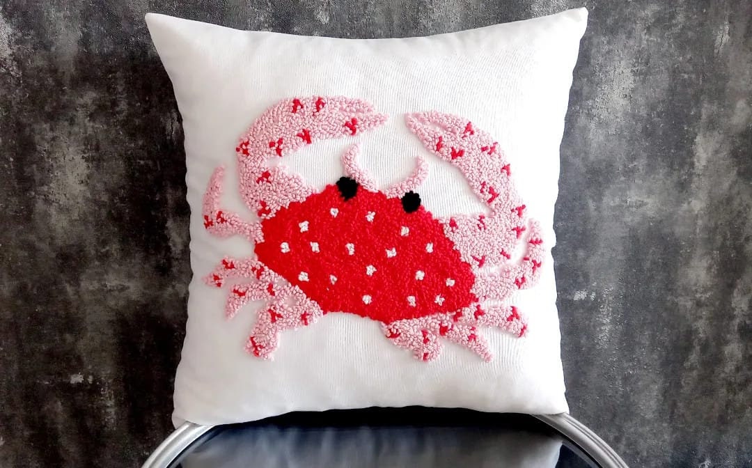 Handmade Crab Punch Needle Pillow Cover, Nautical Linen Cushion - Etsy