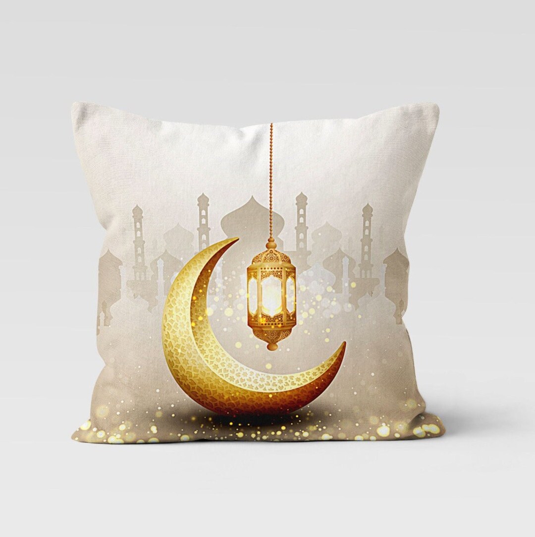 Gold Ramadan Pillow Cover, Hanging Lanterns Crescent Moon, Islamic ...