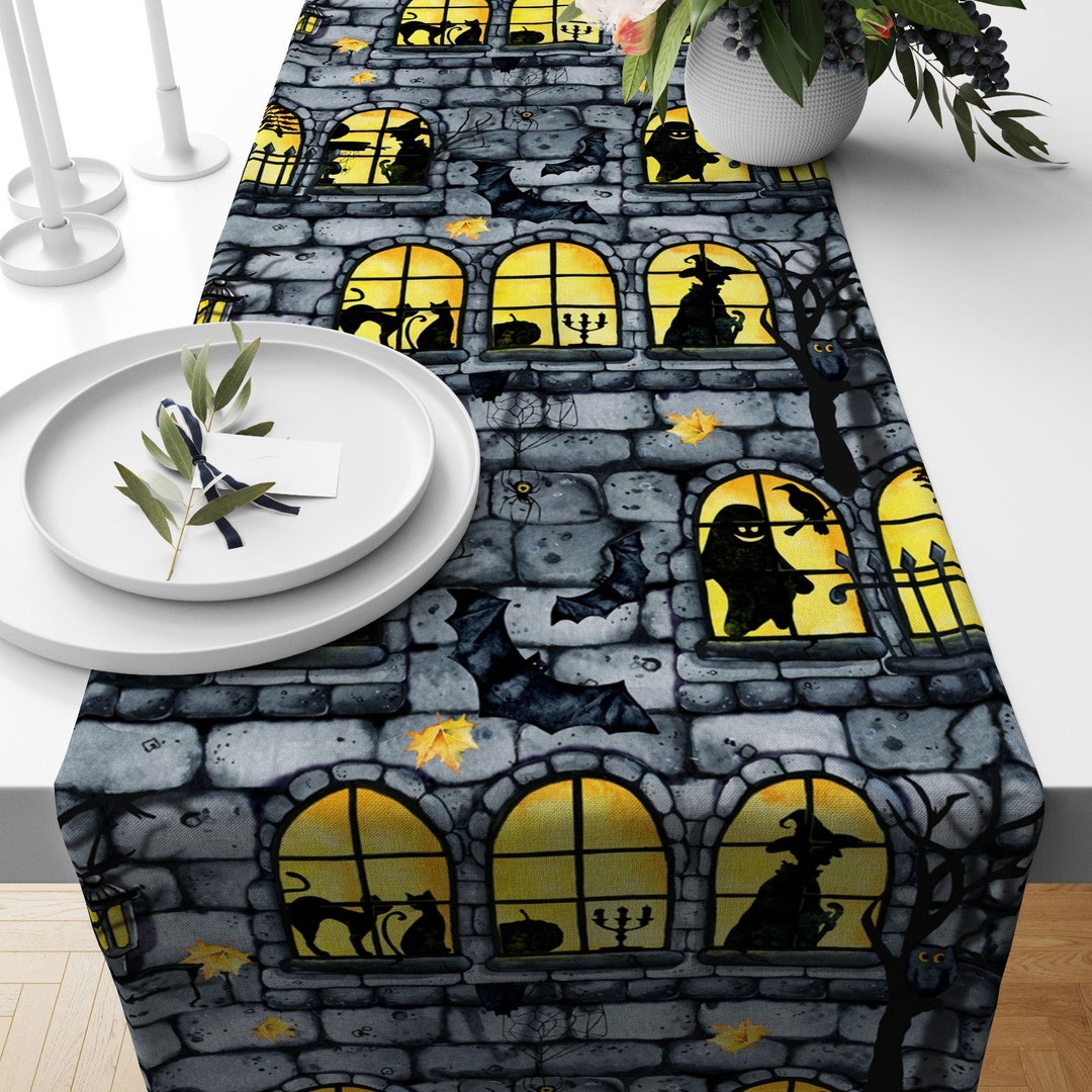Witch Print Table Runner, Owl Design Table Cover, Halloween Runner ...