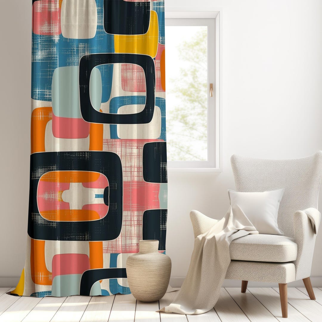 Abstract Art Funky Pattern Curtain Panels, Vintage Inspired Mid Century ...