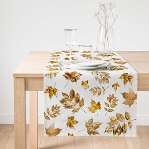 Gold Leaves Table Runner, Leaves Trend Table Cover, Gold White Kitchen ...