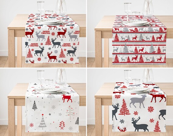 Red Gray New Year Elk Table Runner Xmas Kitchen Runner Yule - Etsy