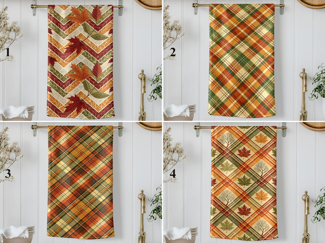 Fall Plaid Hand Towels, Autumn Leaf Kitchen Deco, Rustic Country ...