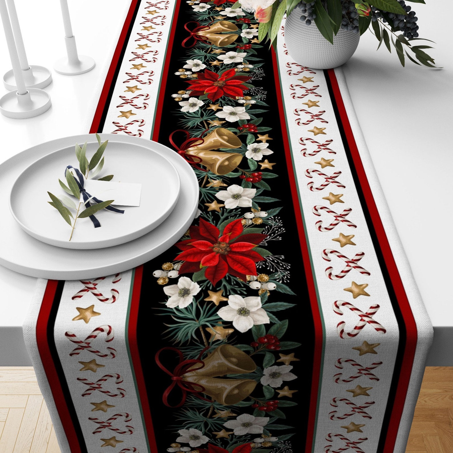 Red Christmas Floral Style Table Runner, Xmas Flowers Runner, Noel ...
