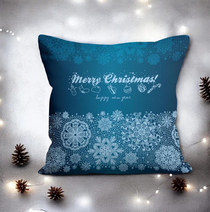 Capa de almofada azul com flocos de neve, almofada decorativa de Natal ...