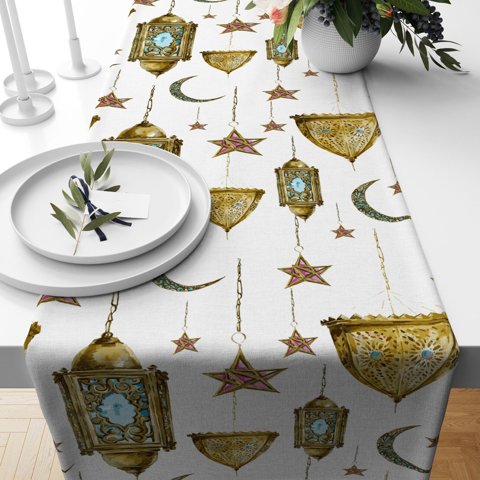 Ramadan Kareem Print Table Runner, Star Style Table Linen, Lampion ...