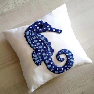 Handmade Sea Turtle Punch Needle Pillow Cover, Linen Nautical Cushion ...