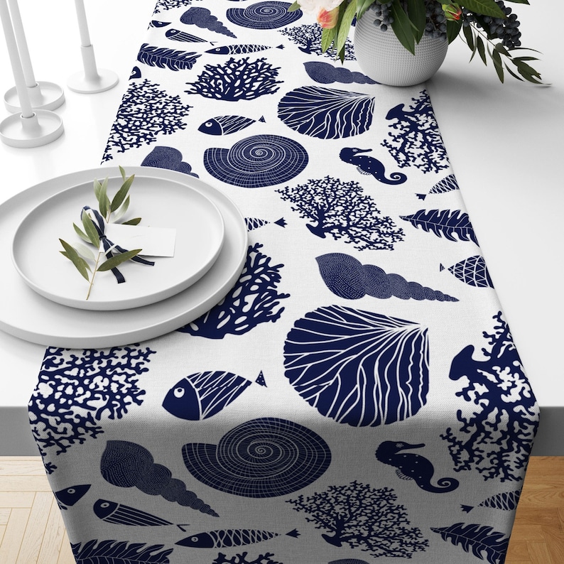 Nautical Table Runner, Fish Table Top, Decorative Table Cover, Navy ...