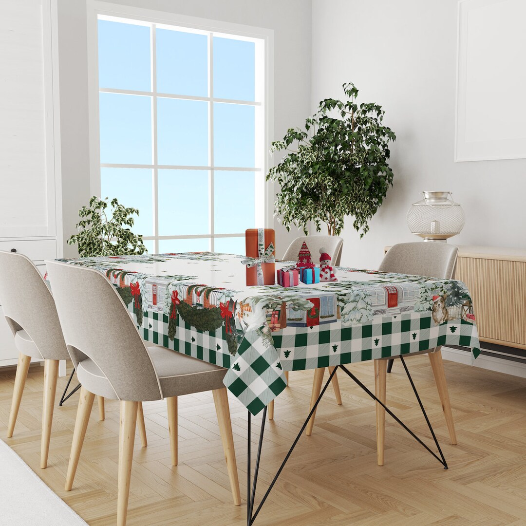 Winter Theme Table Cloth, Snowy Pine Tree Rectangle Table Cover, Green ...