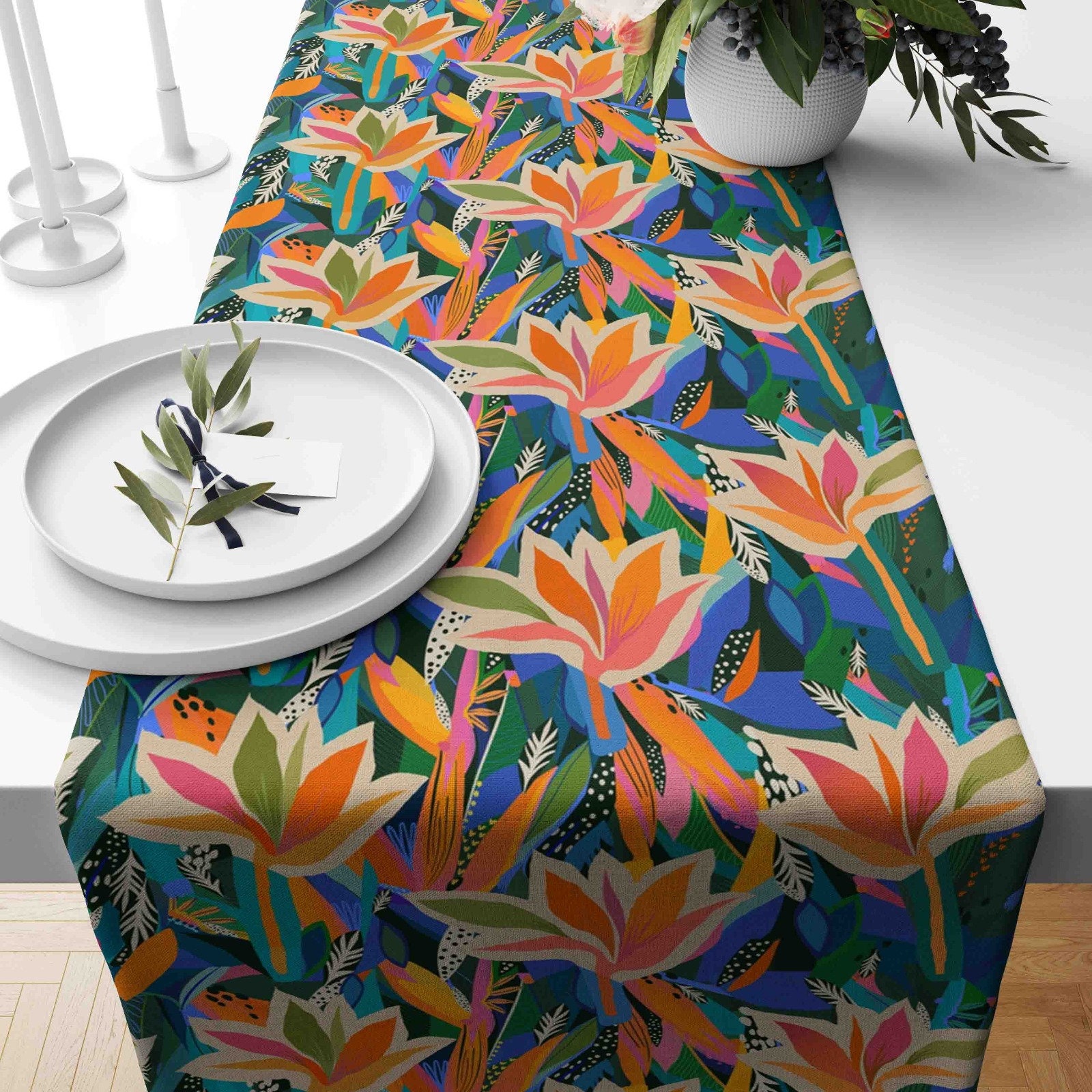 Floral Table Runner, Bird of Paradise Flower Pattern, Colorful Home ...