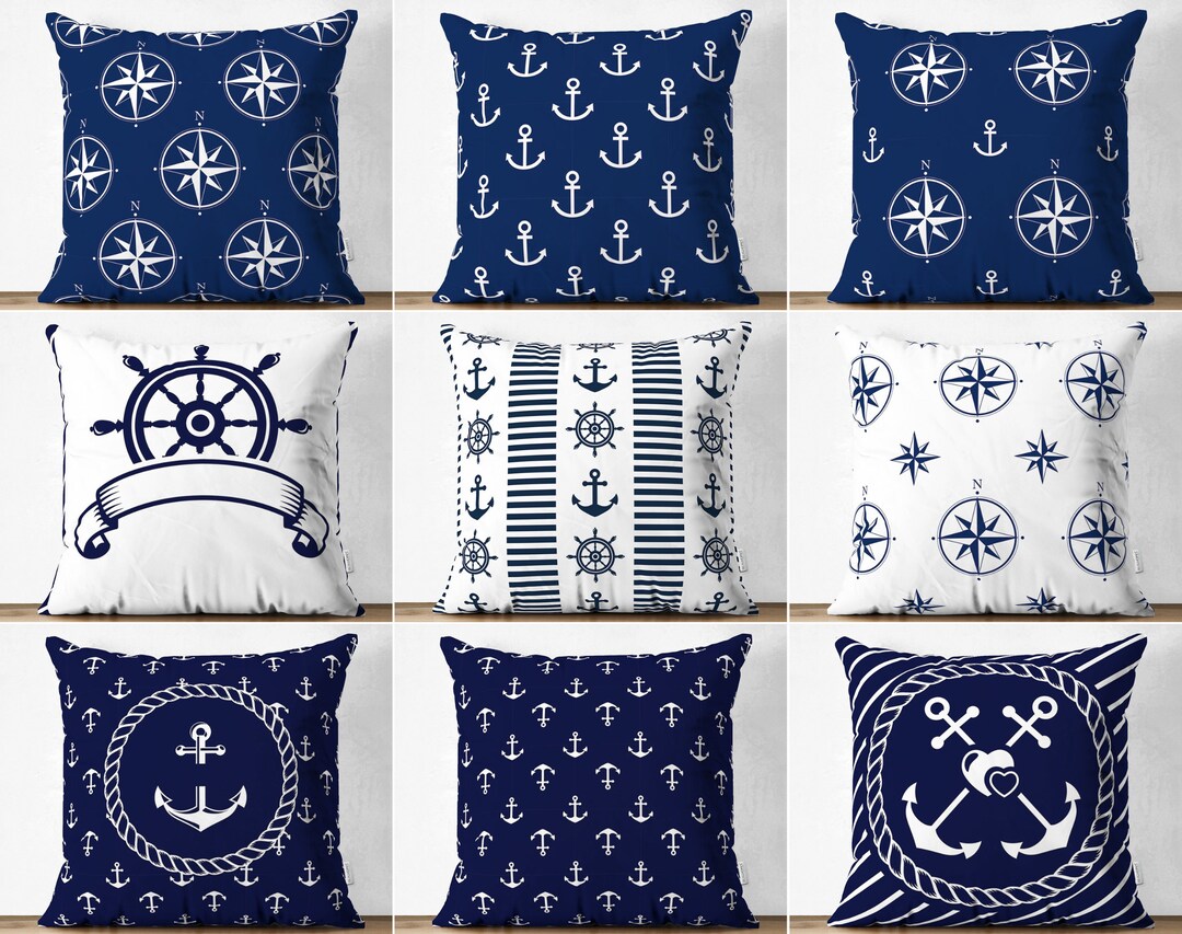 Nautical Outdoor Pillow Covers, Nautical Outdoor Cushion Case, Blue ...