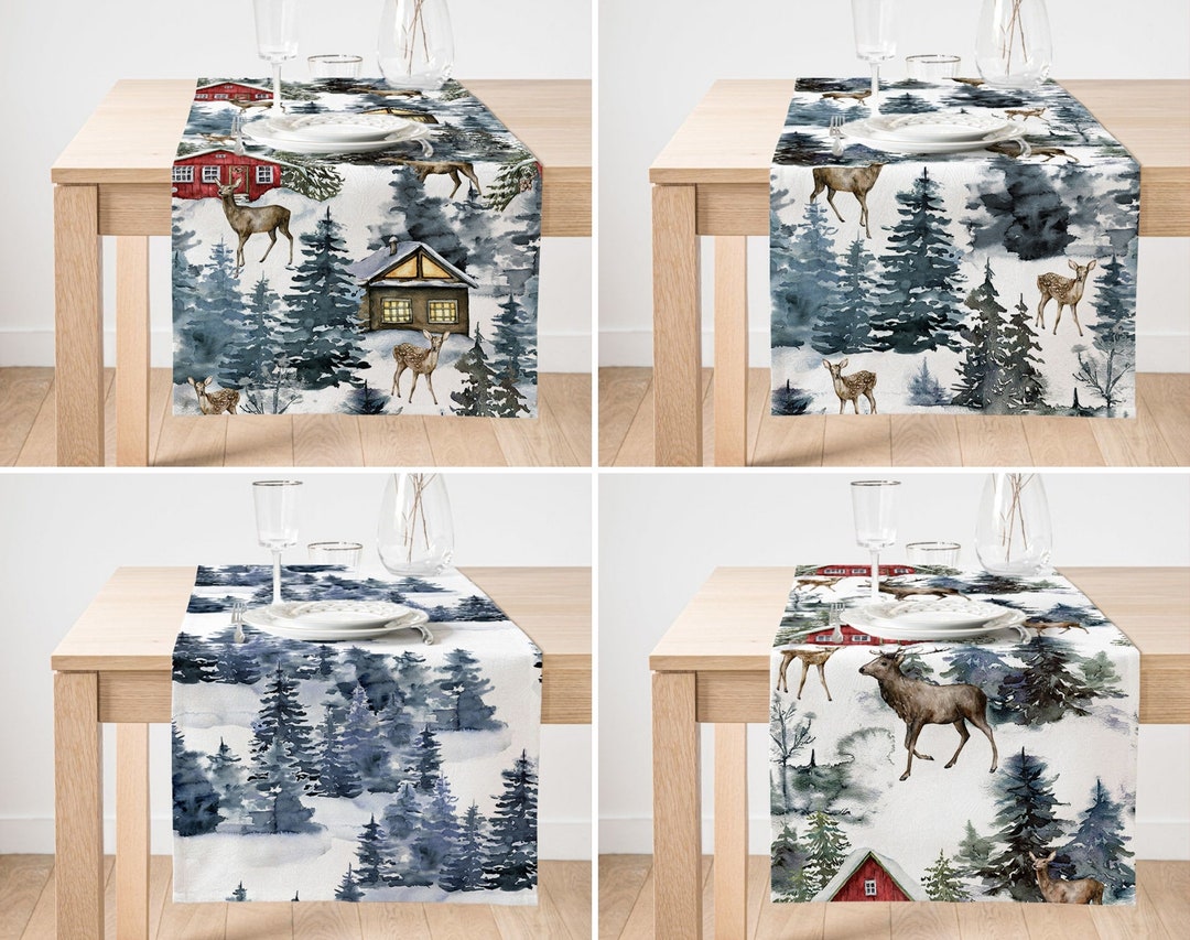Snowy Landscape Table Runner, Xmas Tree & Stag Kitchen Runner, New Year ...